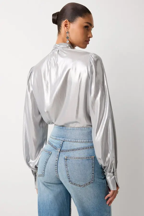 Ramy Brook Noa Metallic Tie Neck Blouse