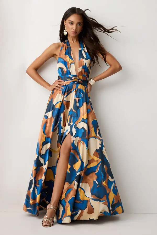 Ramy Brook Jasmine Printed Silk Plunging Halter Gown