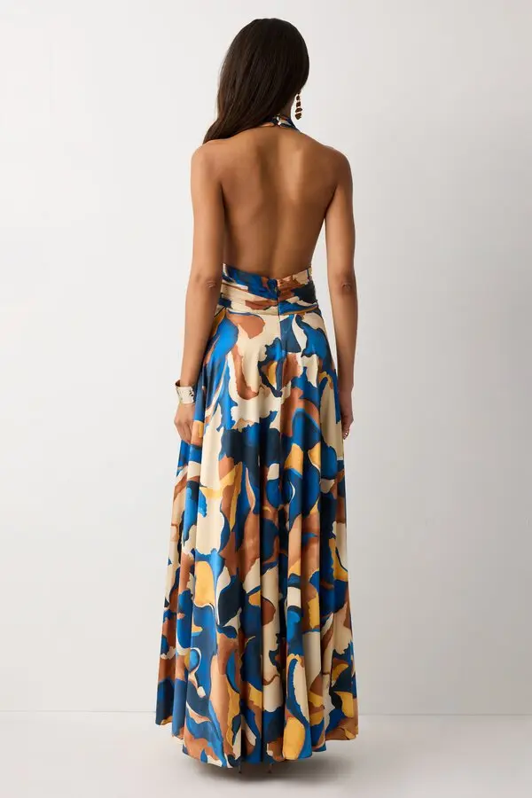 Ramy Brook Jasmine Printed Silk Plunging Halter Gown