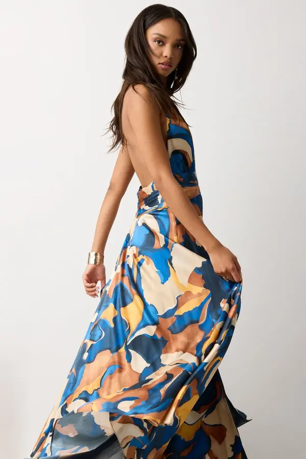 Ramy Brook Jasmine Printed Silk Plunging Halter Gown