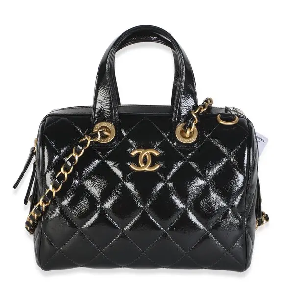 Chanel 25a Shiny Crumpled Quilted Patent Bowling Bag - Black