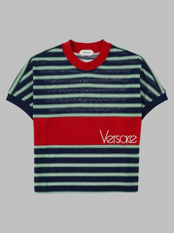 Versace T-shirt In Cotone A Righe Con Logo