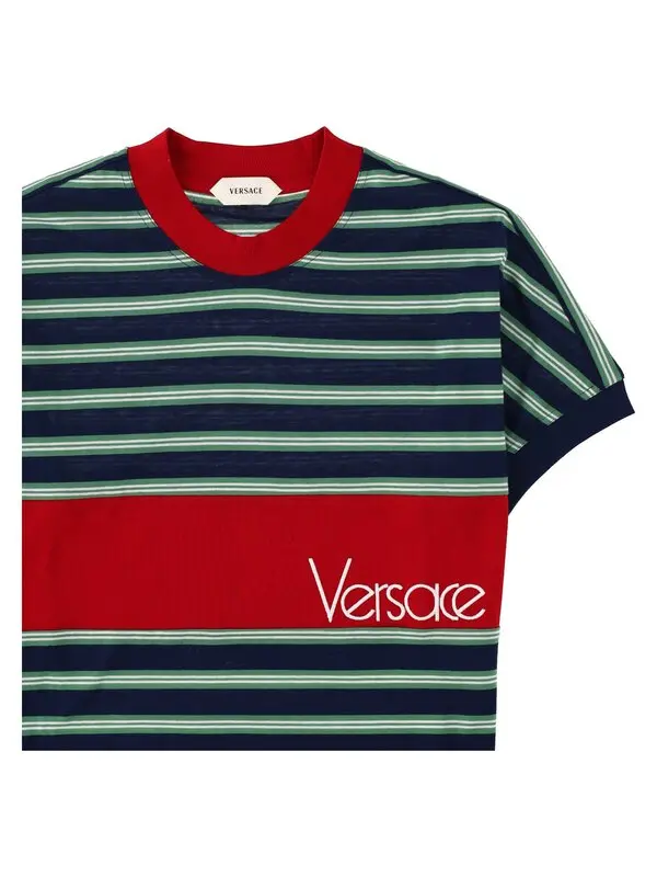 Versace T-shirt In Cotone A Righe Con Logo