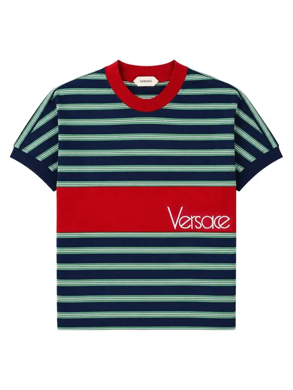 Versace T-shirt In Cotone A Righe Con Logo - Blue