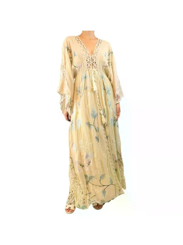 FILLYBOO Floral-embroidered Lace-up Maxi Dress