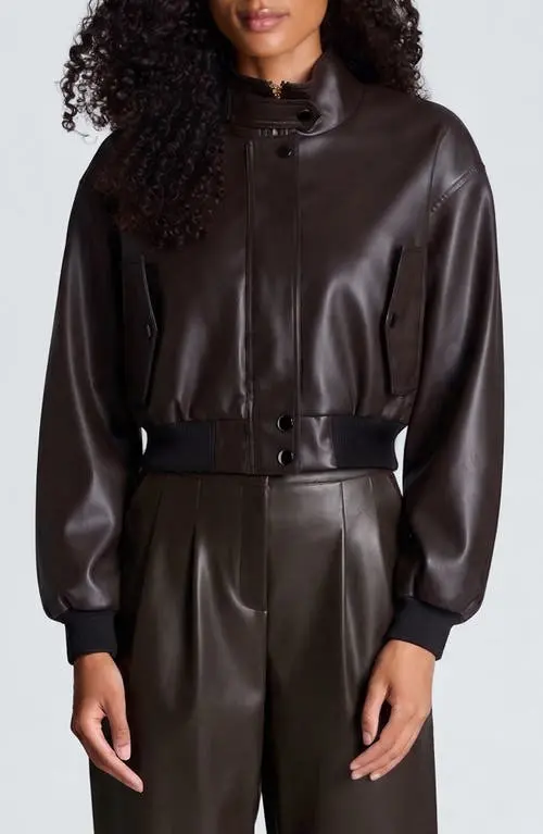 KENNETH COLE Faux Leather Funnel Neck Bomber Jacket - Java Brown