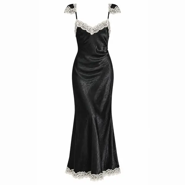 ANOTHER GIRL Lace Trim Satin Maxi Dress - Black