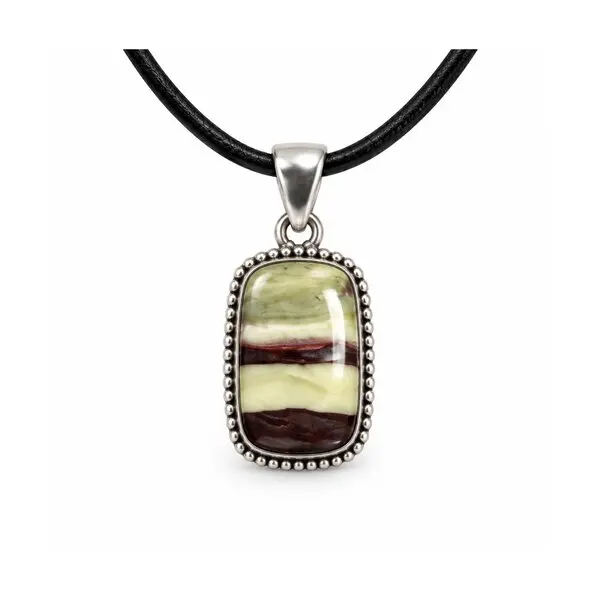SAÉA Olive Cream And Oxblood Mookaite Rectangle Pendant Necklace On Black Leather Cord - Black/silver