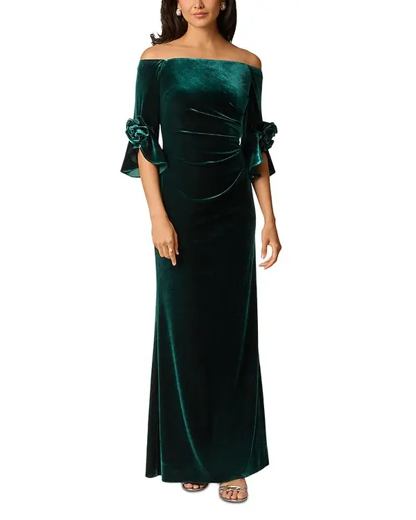 Adrianna Papell Stretch Velvet Off-the-shoulder Gown - Hunter