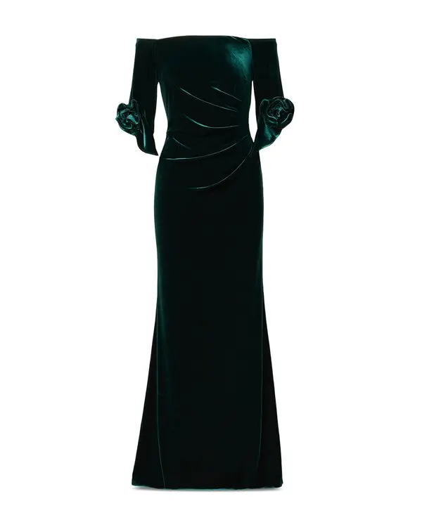 Adrianna Papell Stretch Velvet Off-the-shoulder Gown