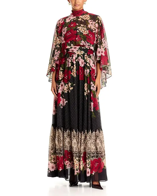 UNGARO Sybil Mixed Print Cape Dress