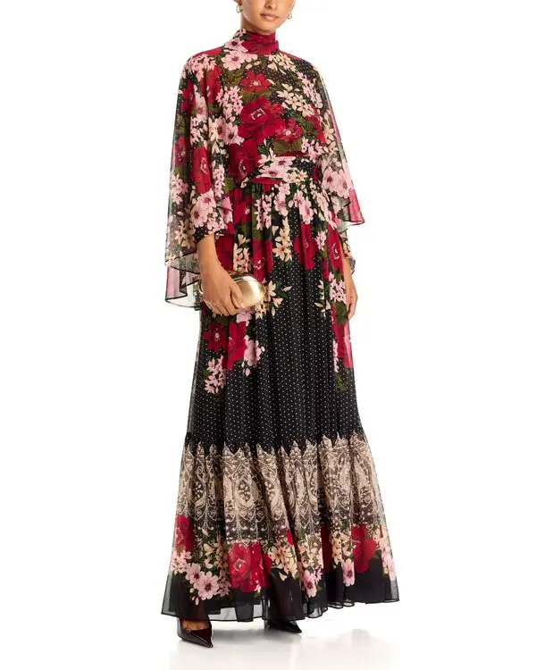 UNGARO Sybil Mixed Print Cape Dress