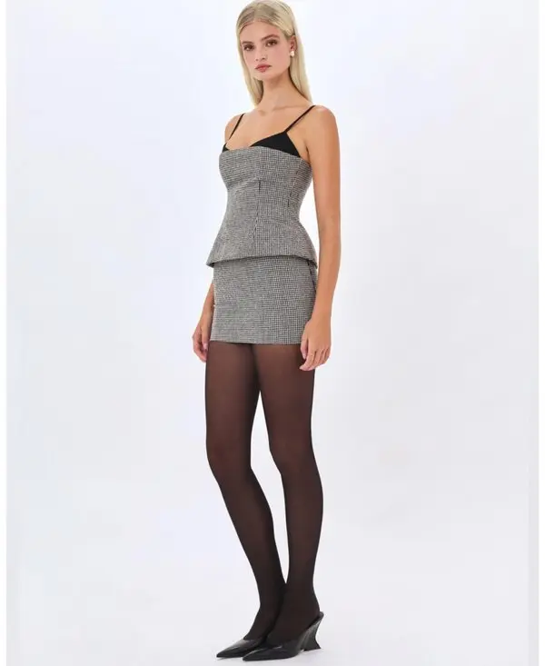 MISS CIRCLE NEW YORK Victoire Strappy Micro Houndstooth Sweetheart Top - Black