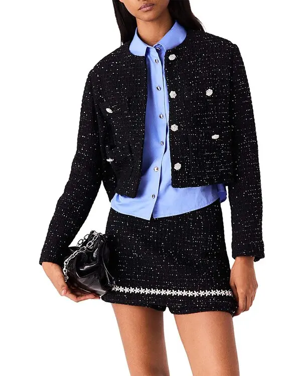 Maje Veralys Cotton Blend Cropped Sequinned Tweed Jacket