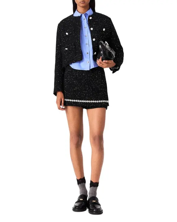 Maje Veralys Cotton Blend Cropped Sequinned Tweed Jacket