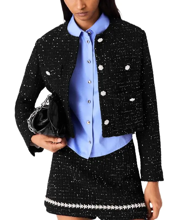 Maje Veralys Cotton Blend Cropped Sequinned Tweed Jacket