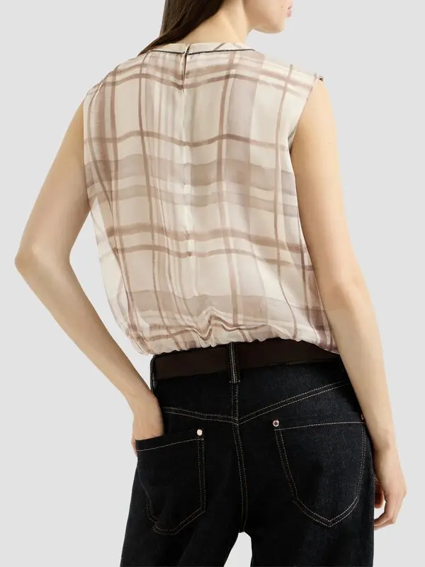 Brunello Cucinelli Silk Organza T-shirt In Macro Check Print With Shiny Neck Detail - Buff