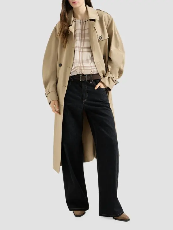 Brunello Cucinelli Silk Organza T-shirt In Macro Check Print With Shiny Neck Detail - Buff