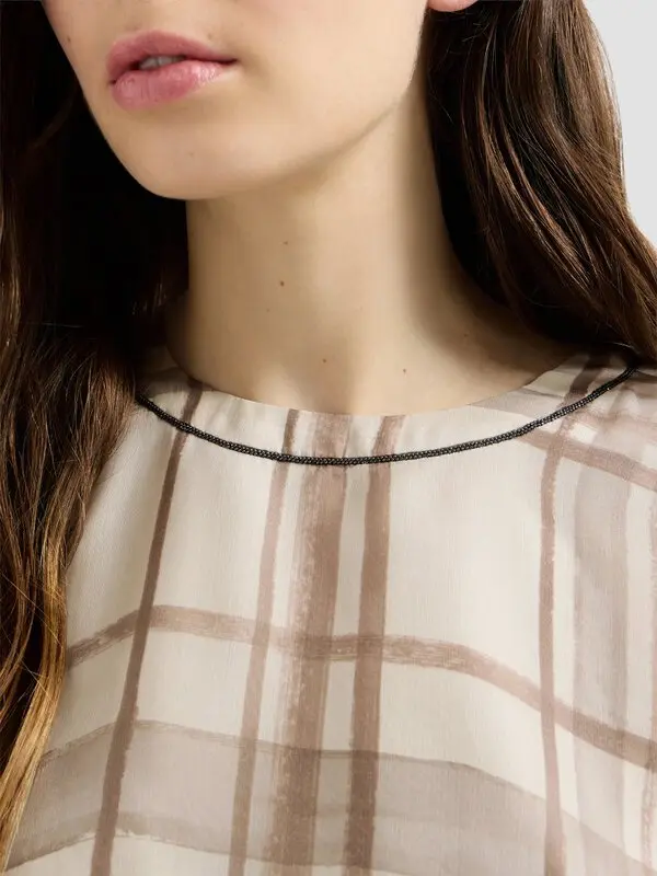 Brunello Cucinelli Silk Organza T-shirt In Macro Check Print With Shiny Neck Detail - Buff