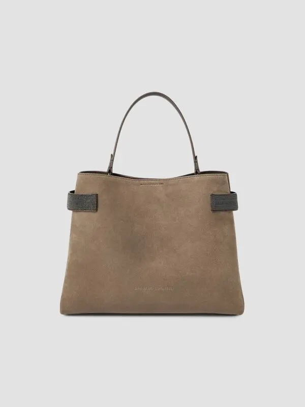 Brunello Cucinelli Essence Top Handle Bag In Suede With Precious Bands - Bark
