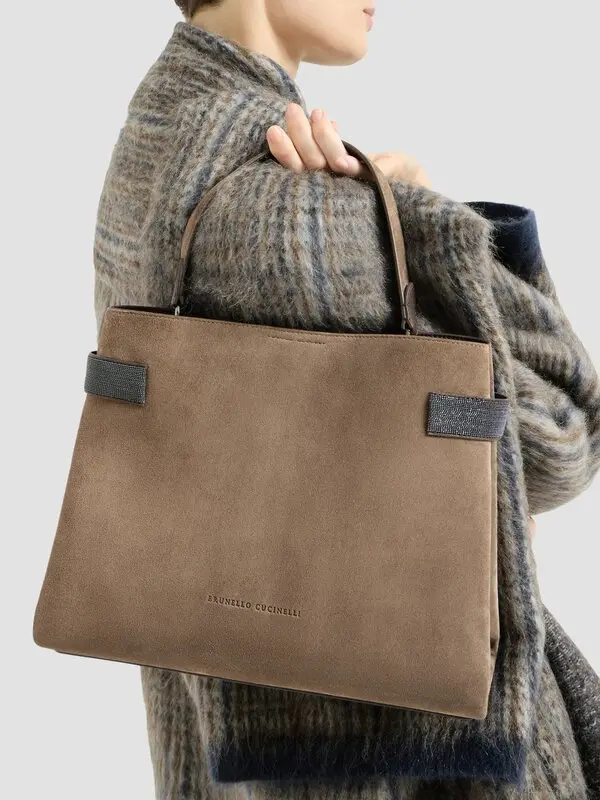 Brunello Cucinelli Essence Top Handle Bag In Suede With Precious Bands