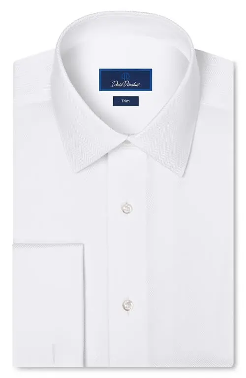 David Donahue Trim Fit Solid Herringbone Formal Shirt - White