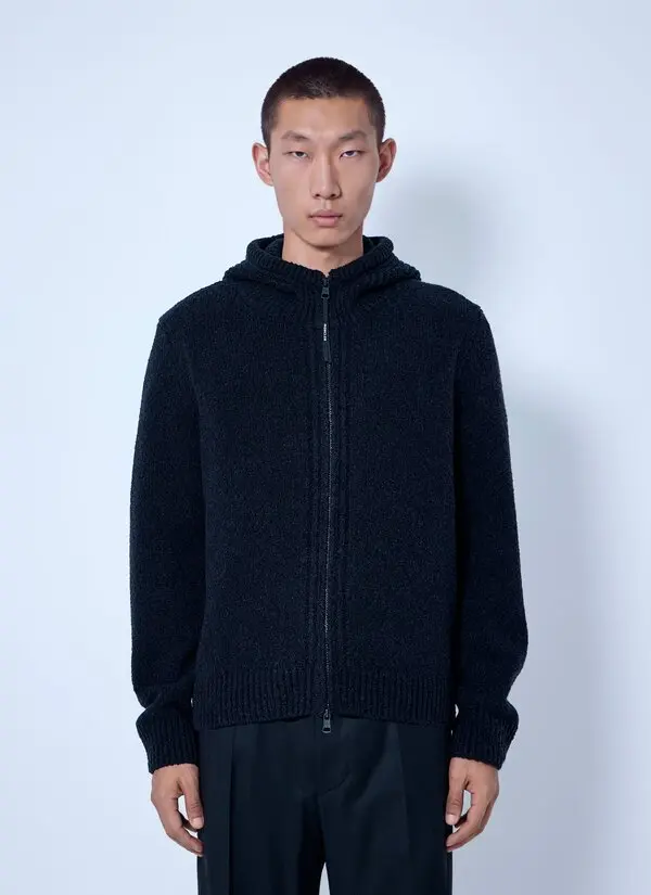 Moncler Bouclé Wool Blend Zip-up Hoodie - Black