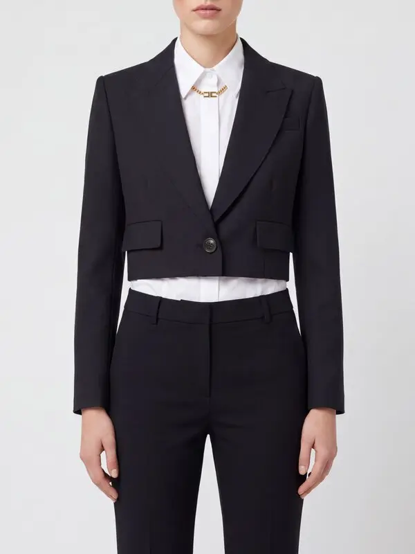Elisabetta Franchi Cropped Single-breasted Virgin Wool Blazer With Peak Lapels - Black