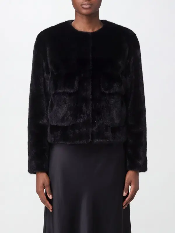 DUNO Crew Neck Faux Fur Jacket With Patch Pockets