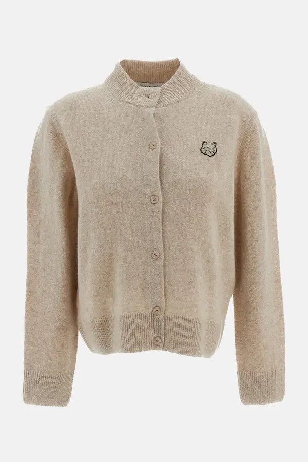 Maison Kitsuné Cardigan Girocollo In Lana Fox Head - Beige