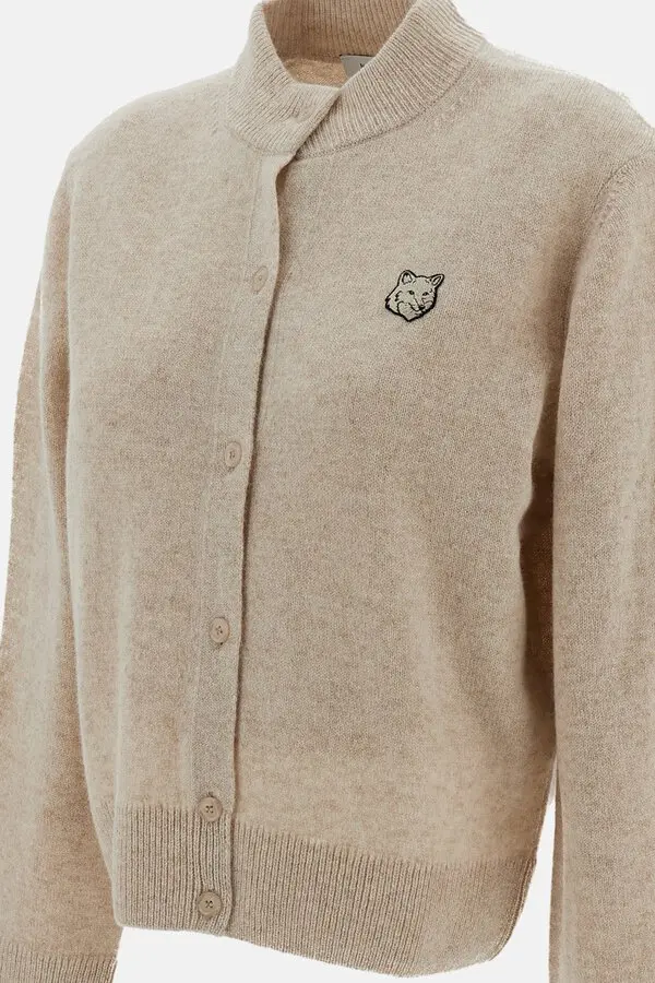Maison Kitsuné Cardigan Girocollo In Lana Fox Head - Beige