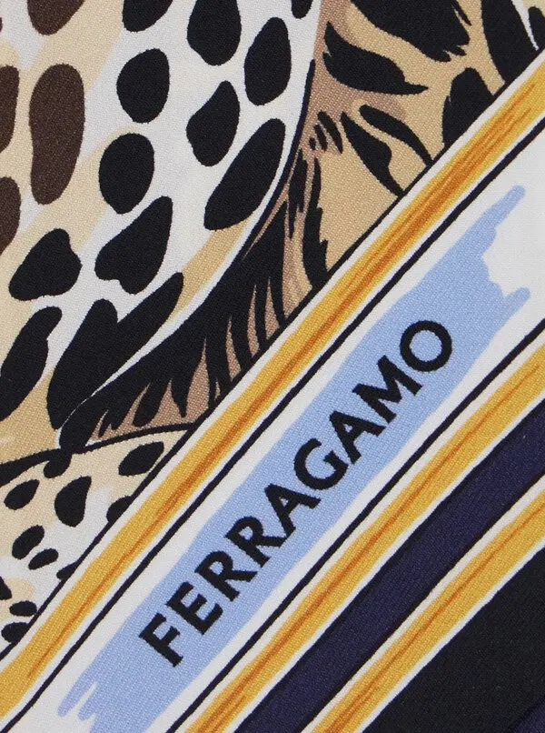 FERRAGAMO Blue Scarf With All-over Print And Embossed Logo Lettering In Silk - Multicolor