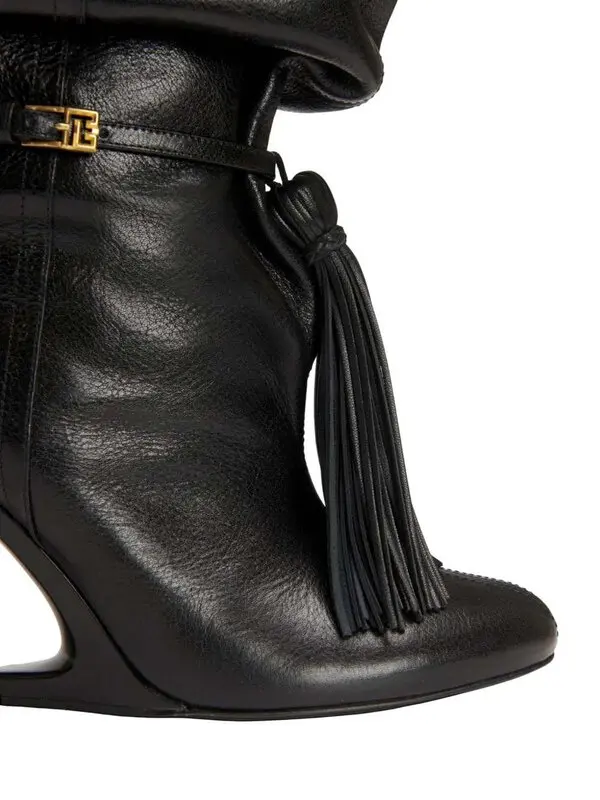 Balmain Textured Leather Thigh-high Boots With Tassels