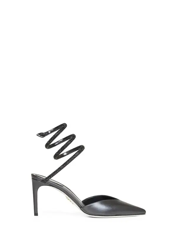 Rene Caovilla Black Nappa Leather Slingback Pumps With Crystal Snake Spiral - Multicolor
