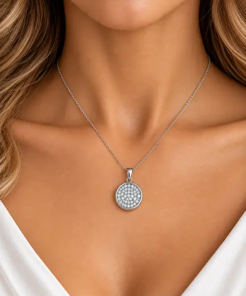 BLISS DIAMOND 91ct Pave Diamond Andrea Medallion Charm 18" Necklace 1" Tall