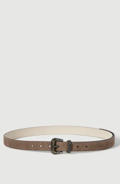 Brunello Cucinelli Sparkling Textured Leather Belt With Monili - Bark