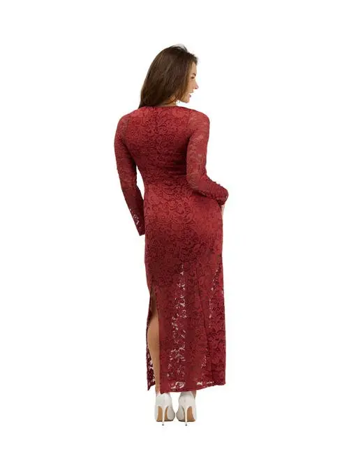 24SEVEN COMFORT APPAREL 24seven Comfort Elevate Round Neck Long Sleeve Lace Maxi Dress - Brick