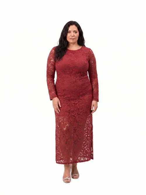 24SEVEN COMFORT APPAREL 24seven Comfort Elevate Curvy Round Neck Long Sleeve Lace Maxi Dress - Brick