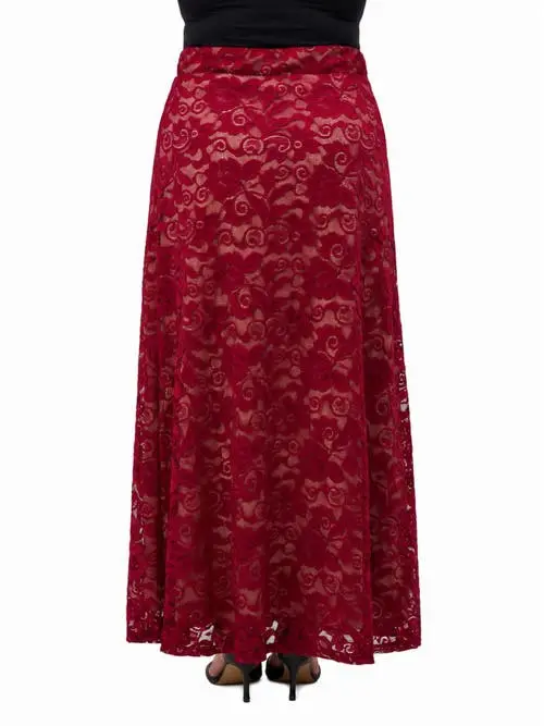 24SEVEN COMFORT APPAREL 24seven Comfort Elevate Curvy Elegant Lace Elastic Waist Maxi Skirt - Wine