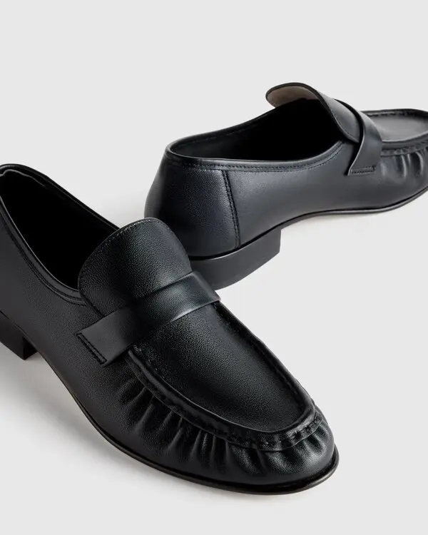 Quince Italian Leather Ruched Loafer - Black Leather