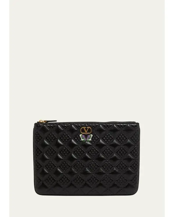 Valentino Garavani Butterfly-embroidered Quilted Leather Clutch Bag - Nero Multi