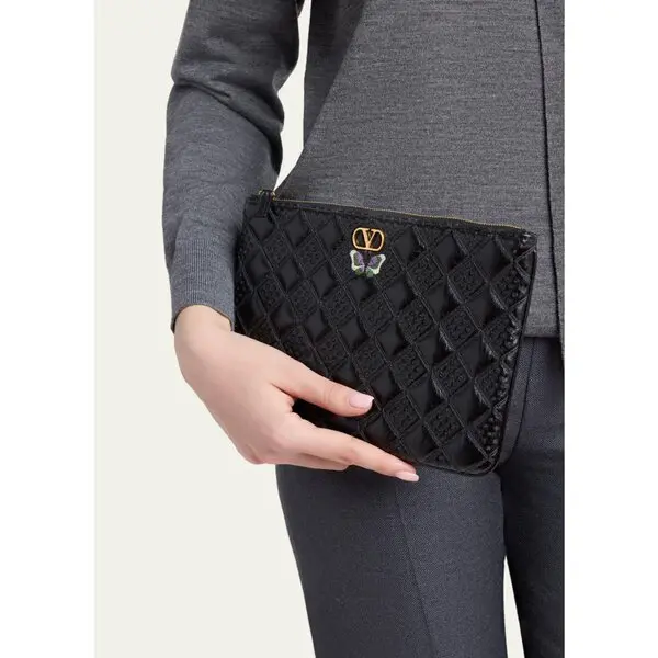 Valentino Garavani Butterfly-embroidered Quilted Leather Clutch Bag