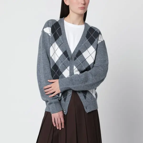 DUNST Argyle Wool Cardigan With V-neck And Button Front - Grey