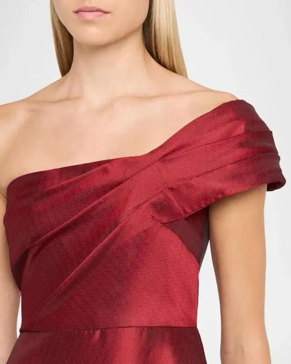Aidan Mattox Floral Jacquard One-shoulder Gown - Red Ruby