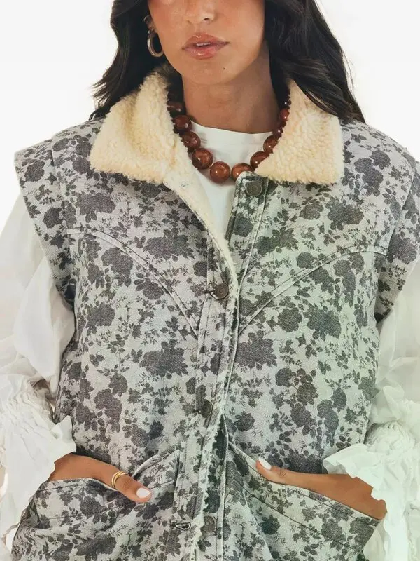 FAVORITE PEOPLE Golden Hour Floral-print Sherpa-collar Gilets - Grey