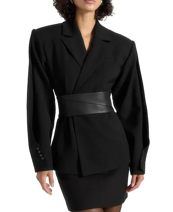 Manière De Voir Marie Wool Twist Sleeve Blazer With Belt - Black