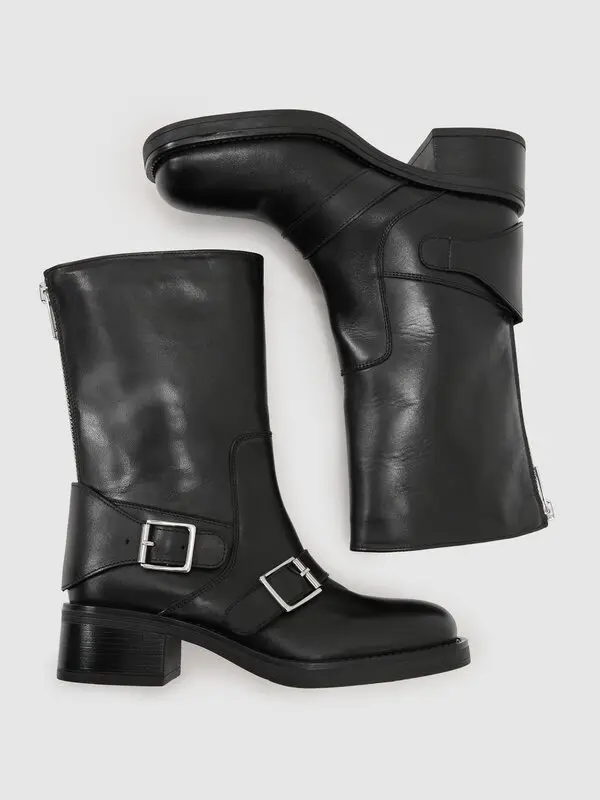 REISS Roxy Leather Buckle-strap Biker Boots