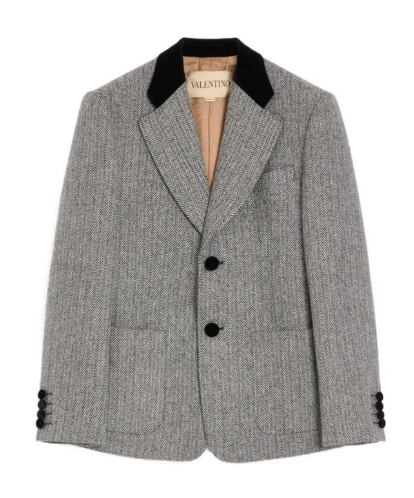 Valentino Garavani Single-breasted Wool Jacket In Chevron Pattern - Gray