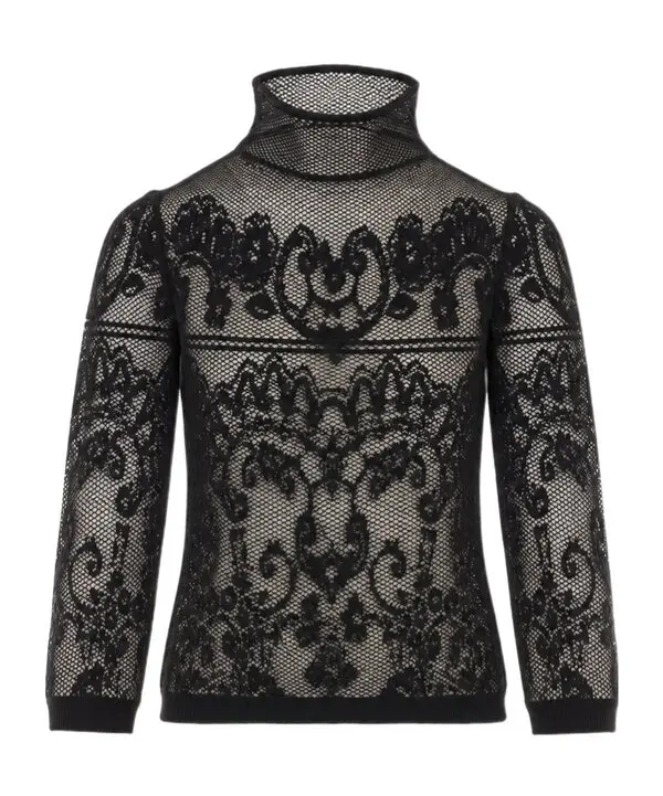TWINSET Sheer Embroidered Turtleneck Top - Black