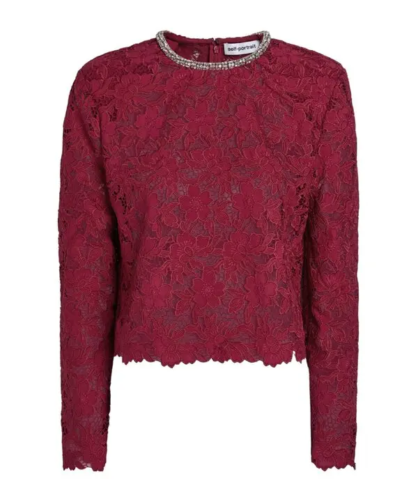 SELF-PORTRAIT Diamond-encrusted Lace Top - Red